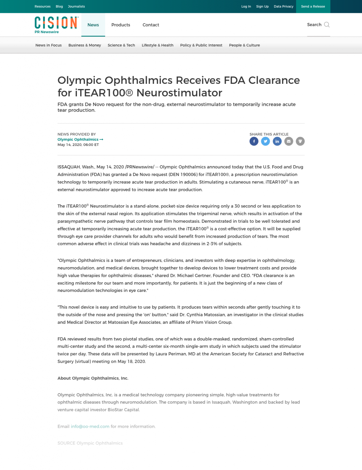 Press Releases - Olympic Ophthalmics